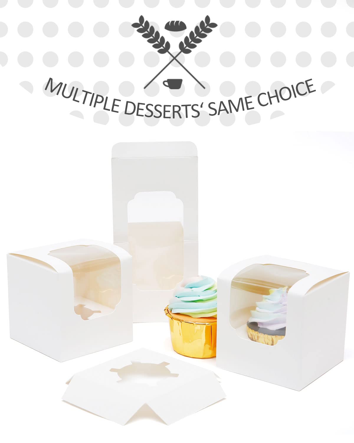 qiqee 100pcs Auto-Popup Mini Cupcake Boxes Individual White 2.5" x 2.5" x 2.5" Single Cupcake Carrier Container for Wedding Favor Birthday & Party(Mini Size)