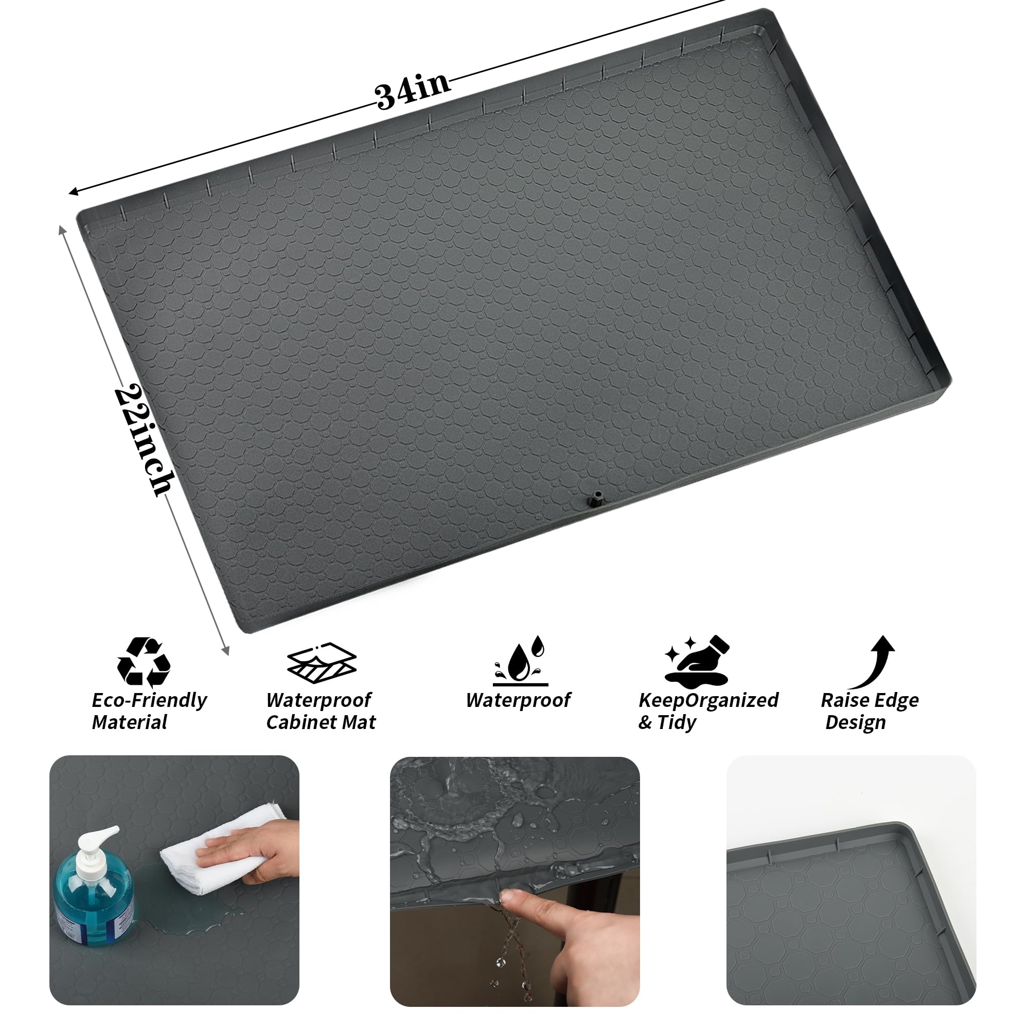 Under Sink Mat, 34" x 22" Waterproof Silicone Under Sink Tray for Kitchen & Laundry Cabinets, Kitchen Cabinet Shelf Protector,Fits 36 inch Standard Cabinet (Grey)