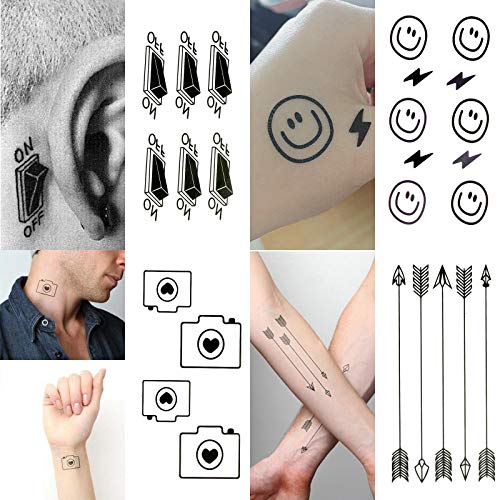 Oottati 30 Sheets Small Cute Temporary Tattoos Kit - Black Foot Print Camera Elephant Star Diamond Cross Bird Cat for Kids Women Men