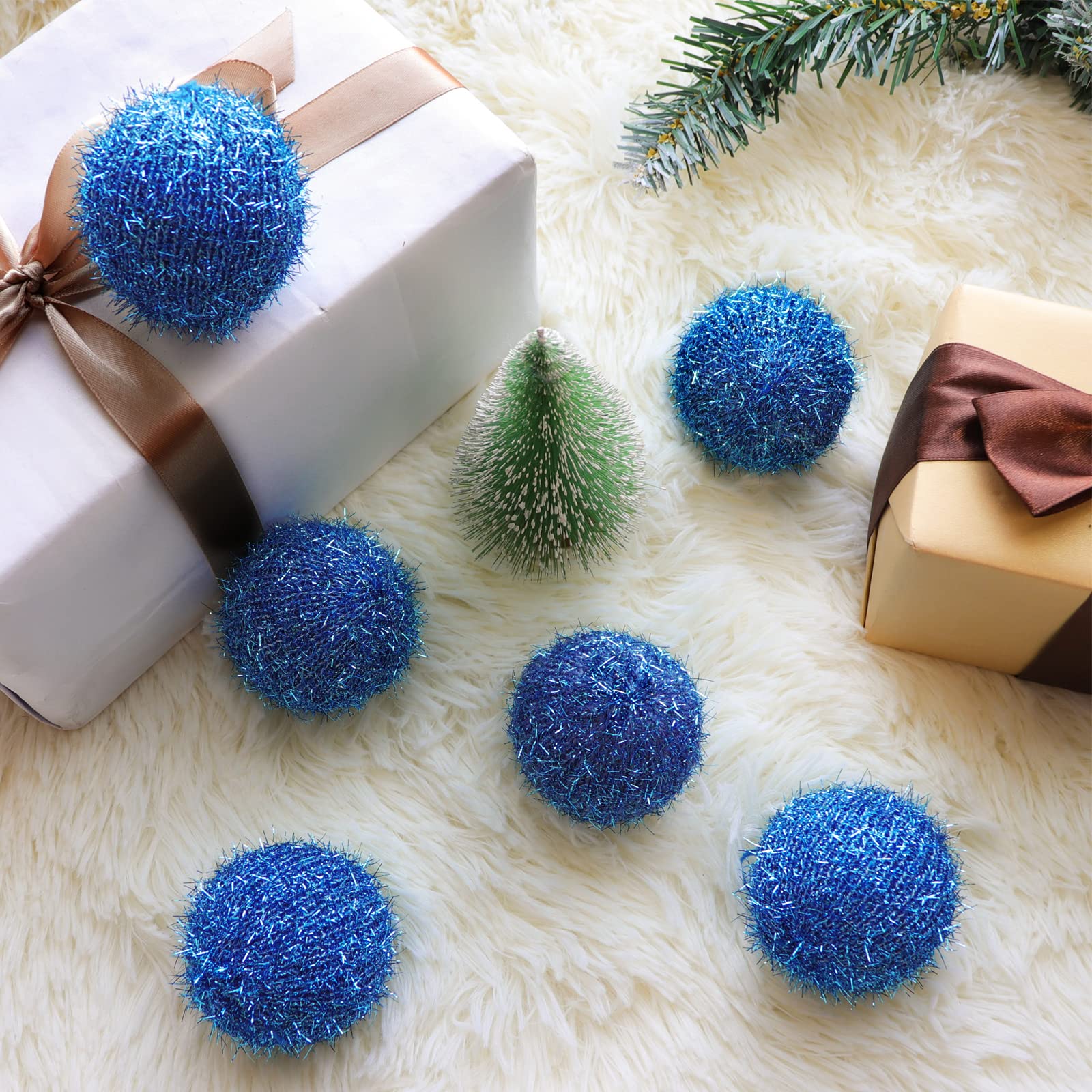 LimBridge Christmas Tree Ornaments, 6 Pcs Knitted Sparkle Glitter Bling Christmas Ball Decorations, for Xmas Decor Holiday Decor, Shimmer Blue…