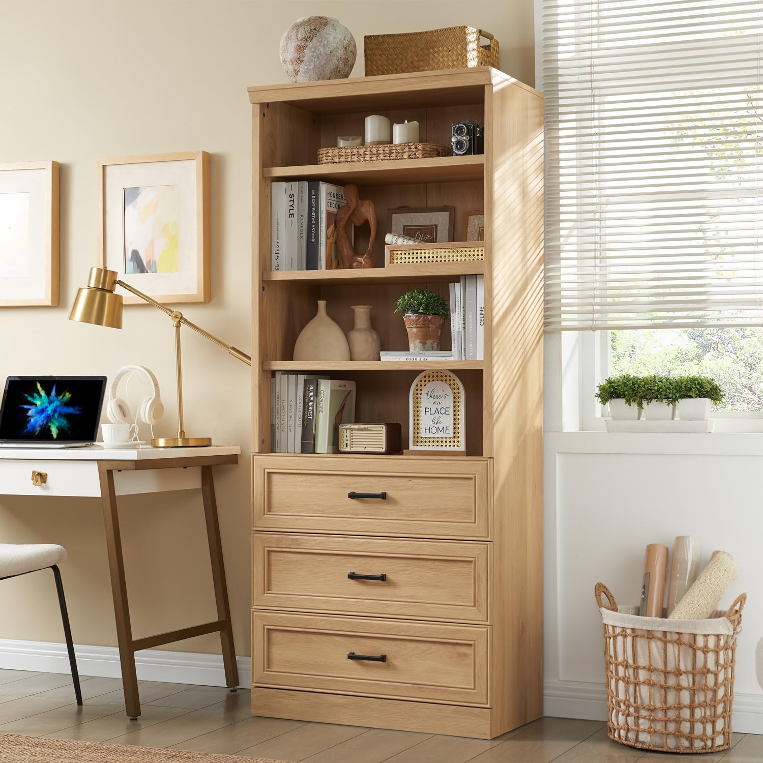 vimitty 72" Tall Bookshlef with 3 Drawers, Farmhouse 4-Tier Bookcase with Adjustable Shlef, Wooden Storage Cabinet for Living Room, Kitchen, Home Office, Dining Room, Natural