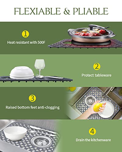 Silicone Sink Mat - Sink Protectors for Kitchen Sink Kitchen Sink Protector Grid Accessory Folding Non-slip Sink Mats Sink Rack for Bottom of Sink(1Pack - Rear Drain Mat - Grey,13.58 ''x 11.6 '')