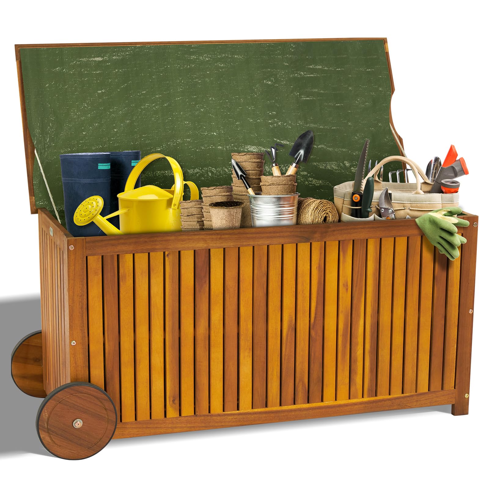 VINGLI 57 Gallon Wooden Outdoor Storage Box, Acacia Patio Storage Deck Box with Wheels, Outdoor Storage Bin Design with Water-Resistant Inner Bag, Garden Organizer Box for Indoors & Outdoors