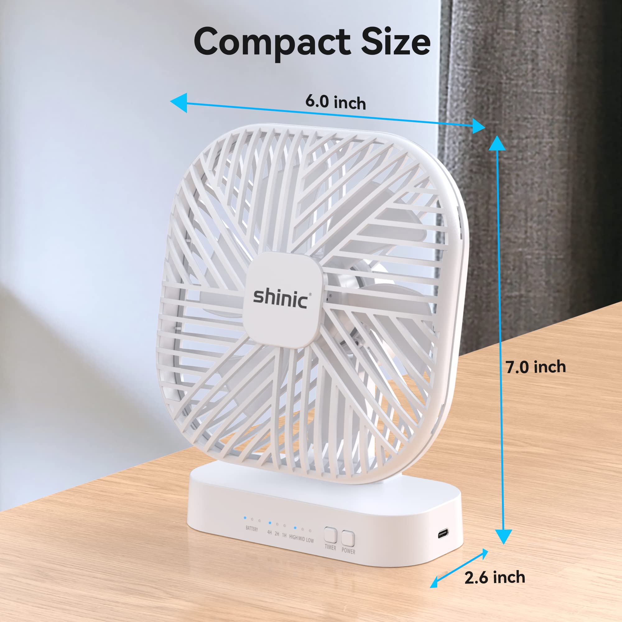 shinic 5 Inch Desk Fan AA Battery Operated, Table Fan with Timer, 6-Blade Design, 3 Speeds, Extra Quiet, Adjustable Angle,Small Table Fan for Bedroom, Outdoor Office Desk (without Batteries) White