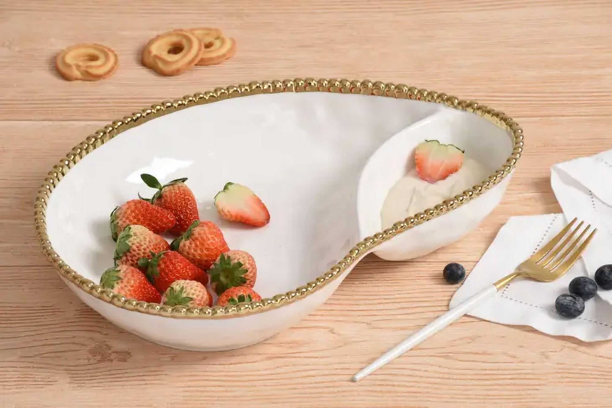 Pampa Bay Titanium-Plated Porcelain 2 Section Serving Piece, 13.8 x 9 Inch, Gold/White Tone, Oven, Freezer, Dishwasher Safe