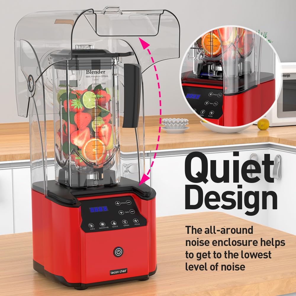 Lecon Chef Commercial Quiet Shield Blender 2200W Professional Industrial Blenders Red 2.2L/ 74oz BPA-Free Pitcher for Ice Crushing, Shakes and Smoothies for Kitchen