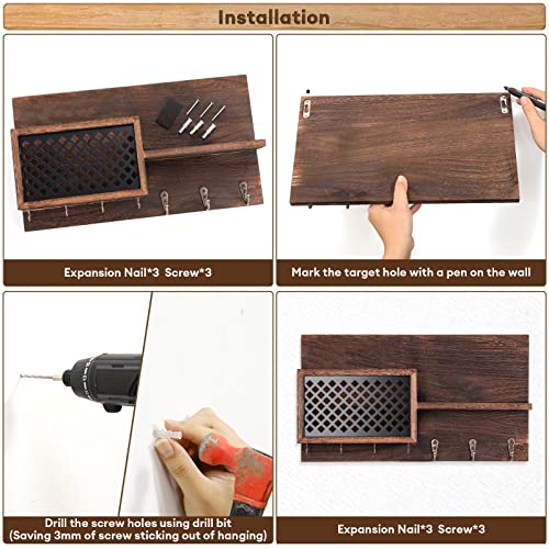 Wooden Key and Mail Holder for Wall Decorative-with 7 Key Hooks and A Floating Shelf Includes Letter Holder and Hooks for Coats, Dog Leashes β Rustic Home Decor for Entryway or Mudroom,Kitchen,Office