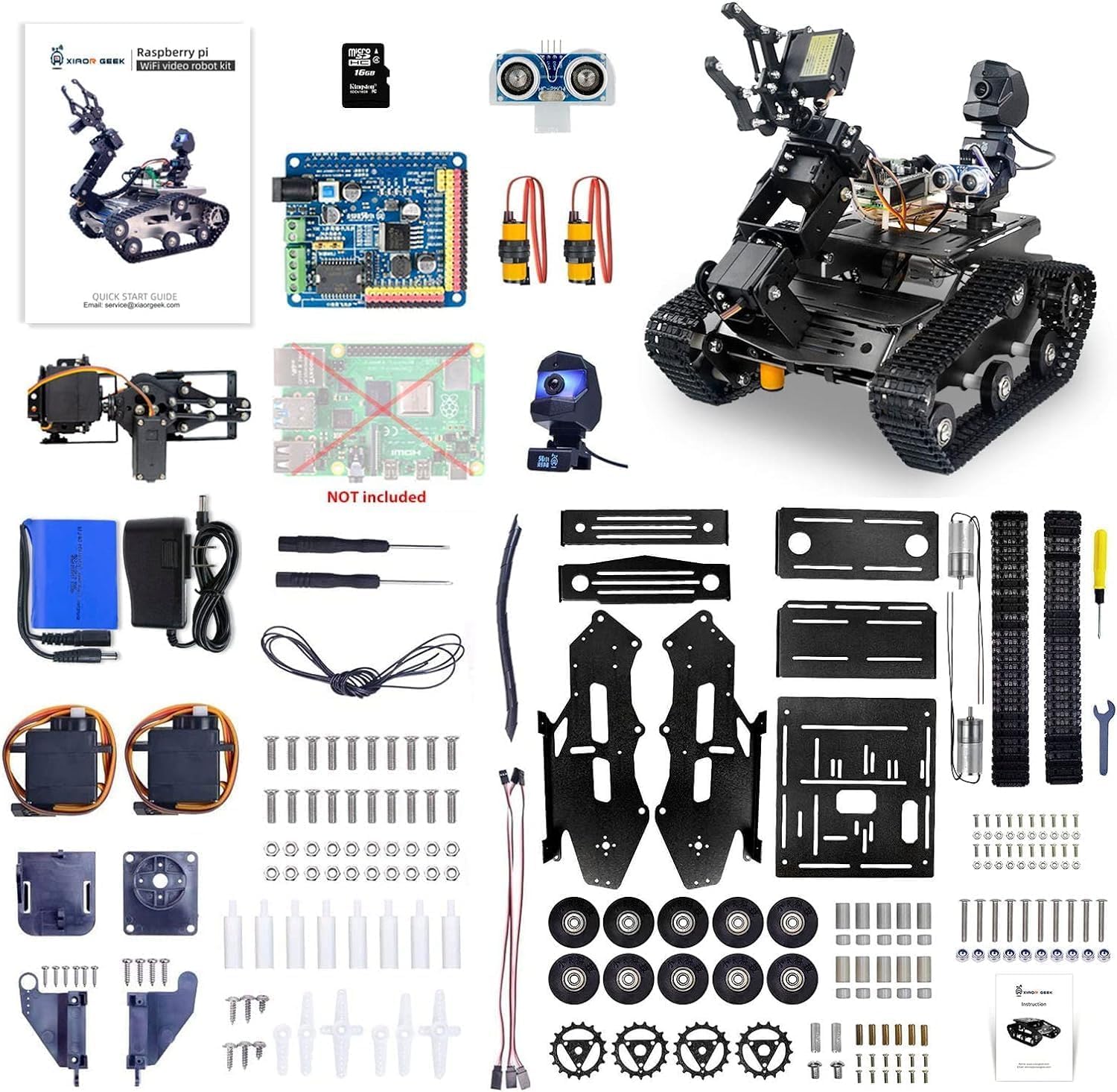 XiaoR Geek Raspberry Pi Smart WiFi Robot Kit, Robotic Arm Tank Chassis Robot Car Kit with 2DOF Hd Camera Programmable Sensor Project Remote Control by Android/iOS App PC (Without Raspberry Pi)