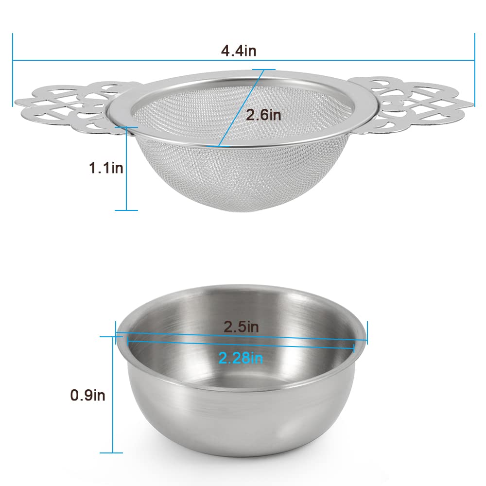 Picowe 2 Pack Tea Strainer Bowl, Stainless Steel Sliver Tea Strainers for Loose Tea Fine Mesh for 2.5-4 Inch Cup Mouth