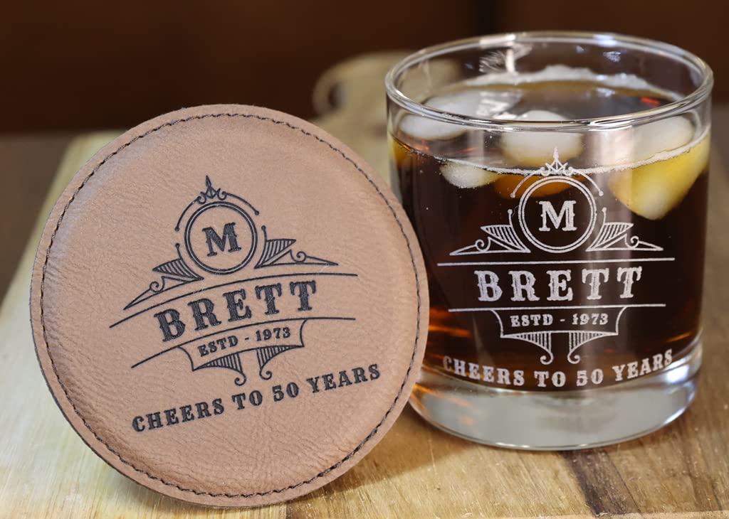 Personalized Whiskey Glass with Matching Custom Coaster - Custom Engraved Whiskey Glasses for Men 50th Birthday Gift for Whiskey Drinker Personalized Bar Accessories