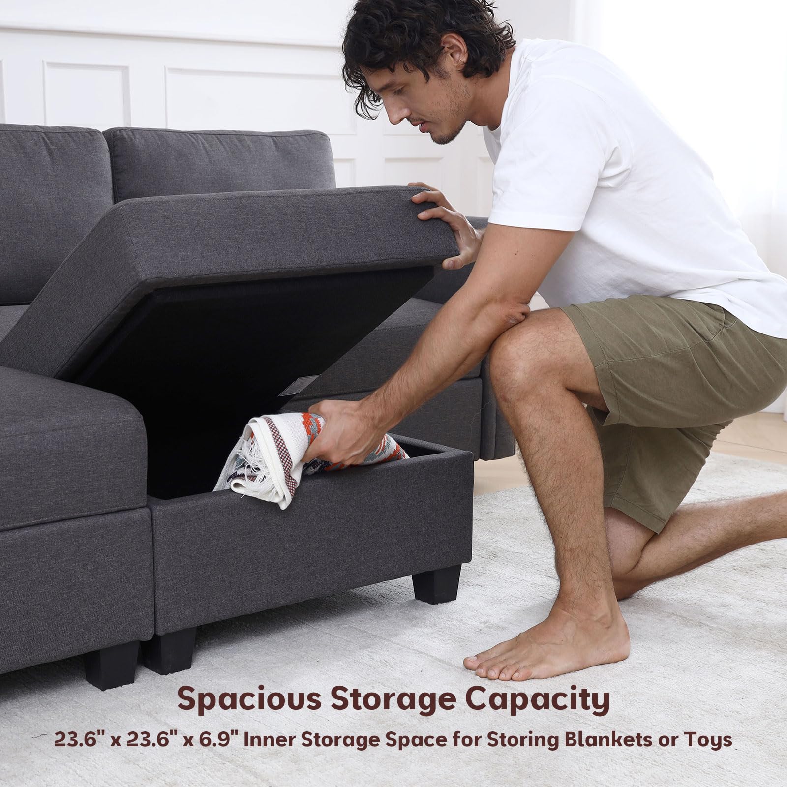 UniPon Modular Sectional Sofa with Storage Seat Upgrade Large U Shaped Sofa Couch with Chaise, 6 Seats 120''L Modular Sofa Convertible Couch for Living Room/Deep 27'' Ottoman/Memory Foam Cushion