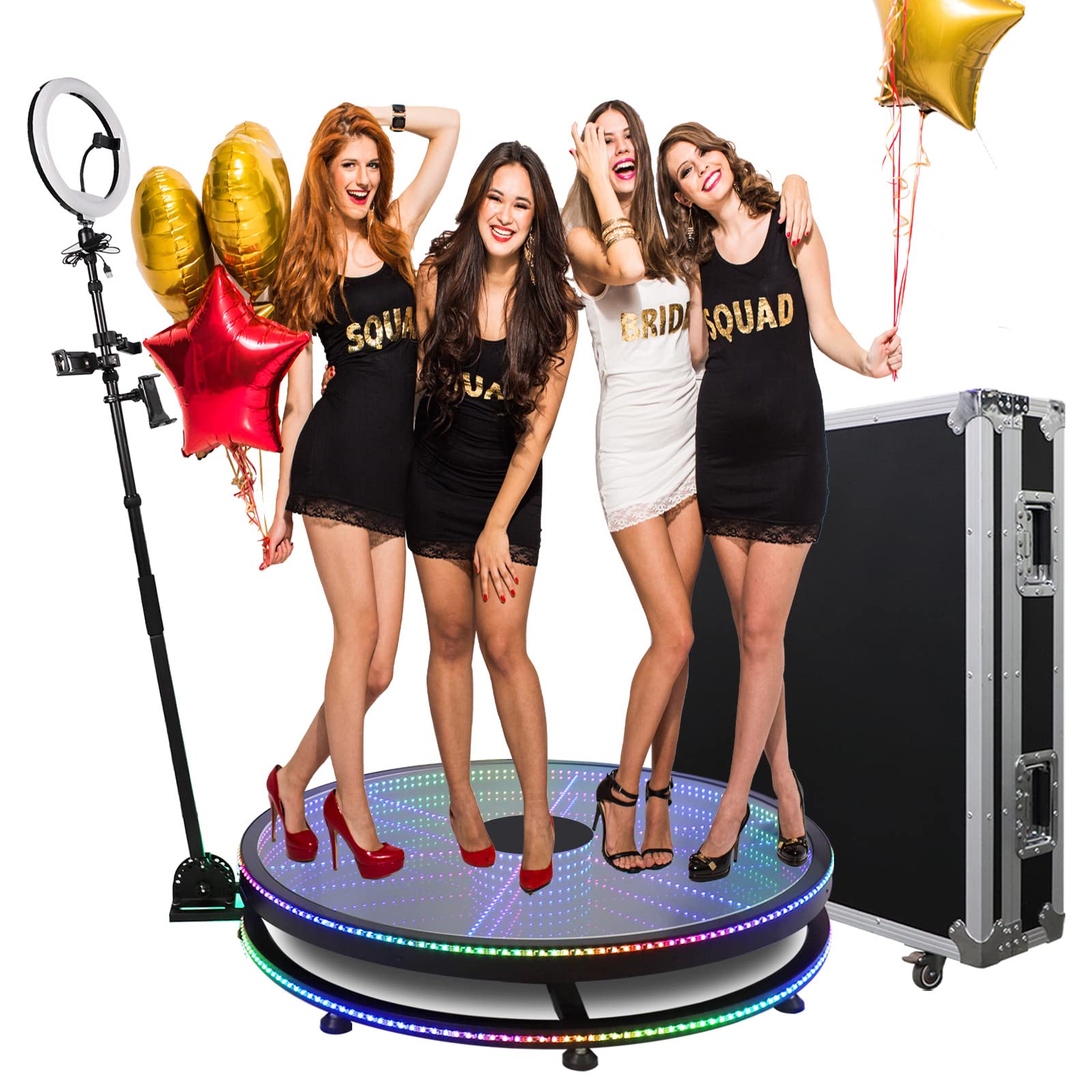 MWE 360 Photo Booth Machine Glass Bottom for Parties with RGB Lights,Software APP Remote Automatic 360 Spin Camera Booth Flight Case 39.4" 100cm for 3-5 People to Stand on