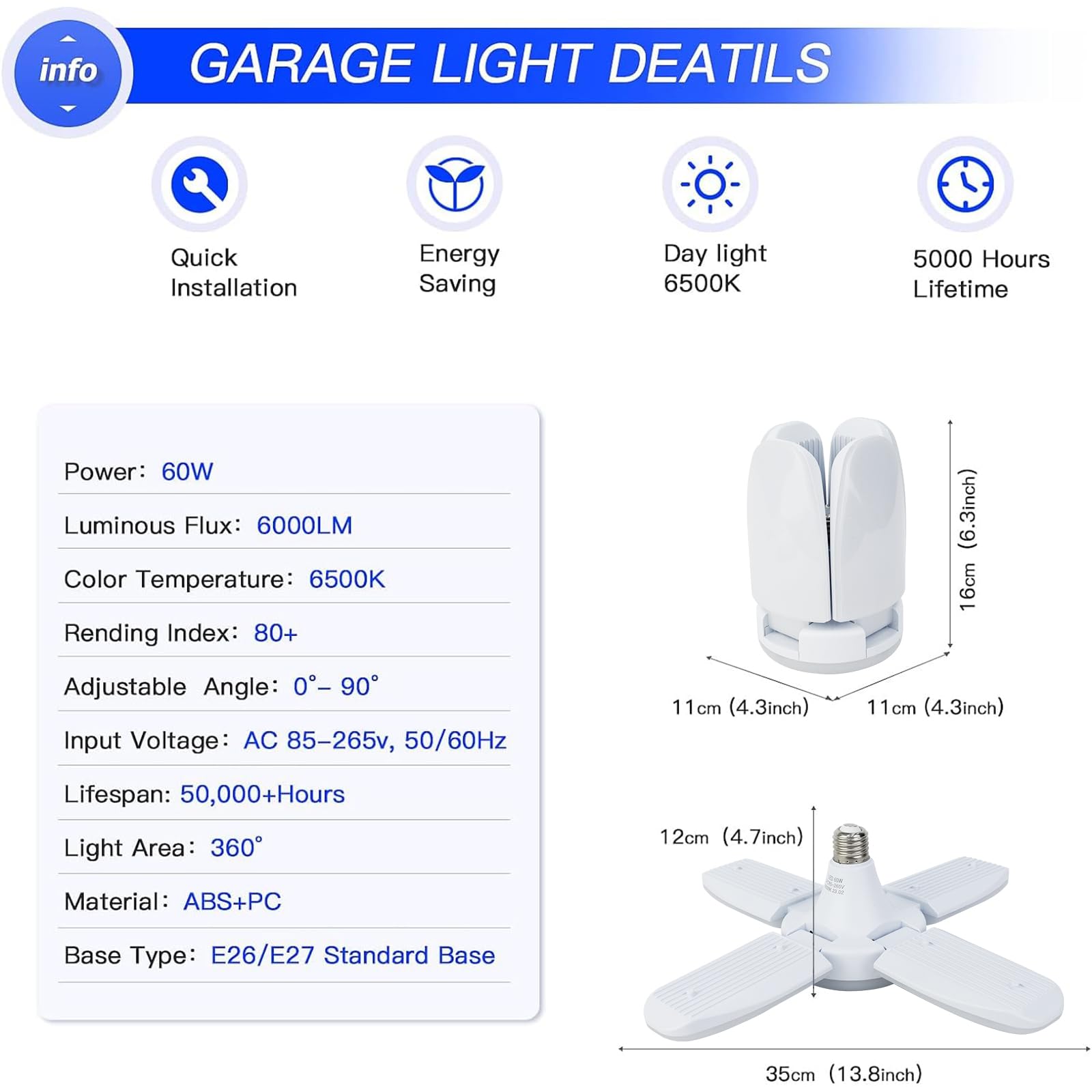 LED Garage Lights 80W Deformable Garage Lights LED Basement Lights with 3 Adjustable Panels 10000LM E26 Base 6000K Garage Ceiling Lights for Garage,Workshop,Warehouse,Laundry Room,Real Aluminum