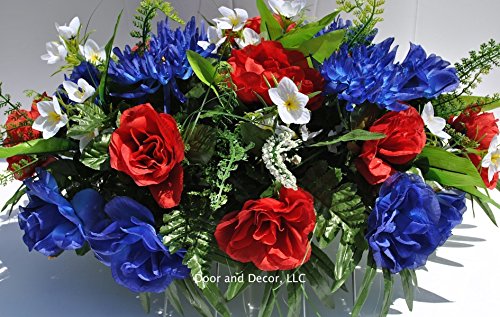 Summer Patriotic Cemetery Flowers with Red Roses, Blue Spider Mums, Blue Roses, and White Forget-me-nots headstone saddle arrangement