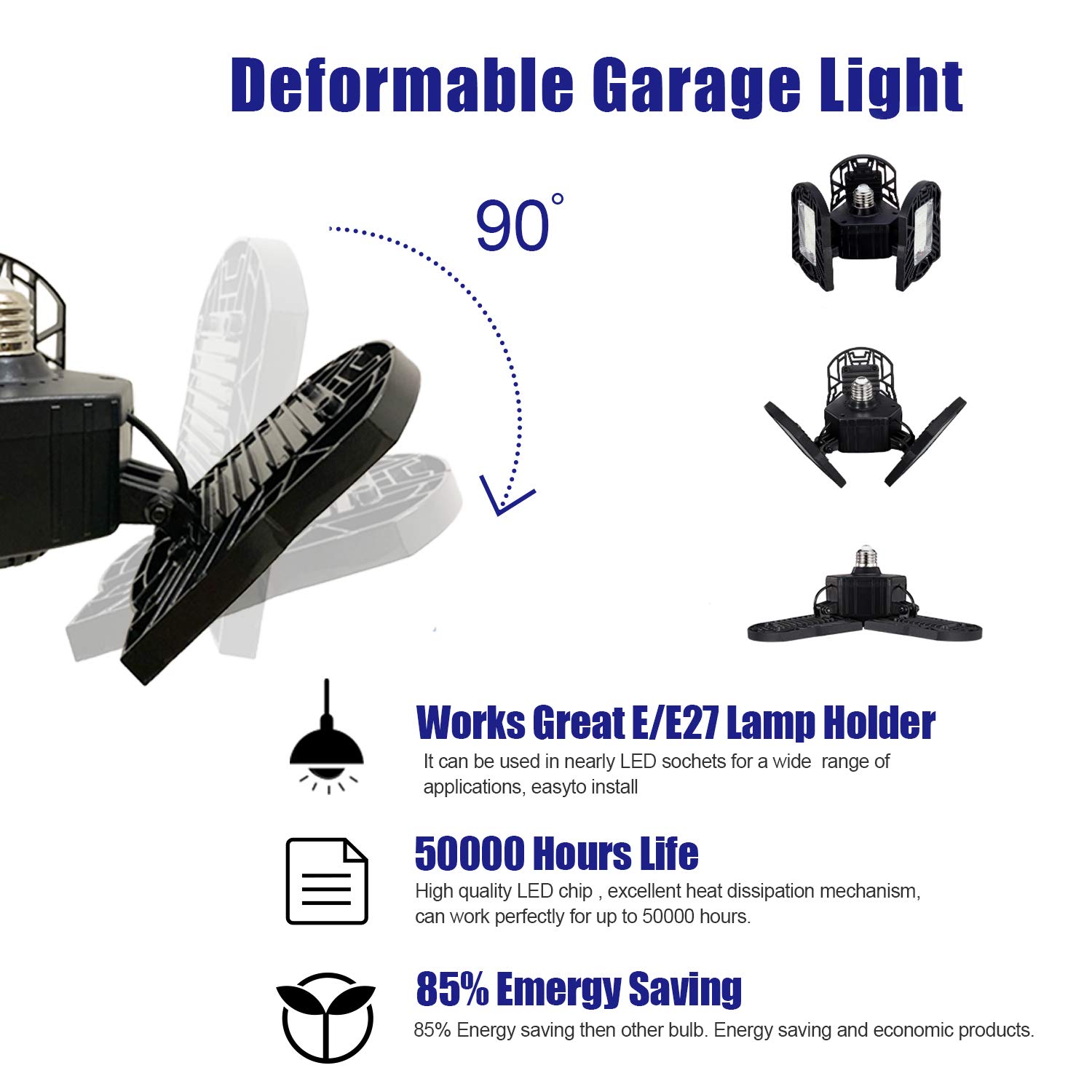 LED Garage Lights, 80W 6000LM Adjustable 3 Panels Deformable Garage Lighting E26/E27 Tribright Ceiling Shop Light for Workshop Warehouse Barn Basement