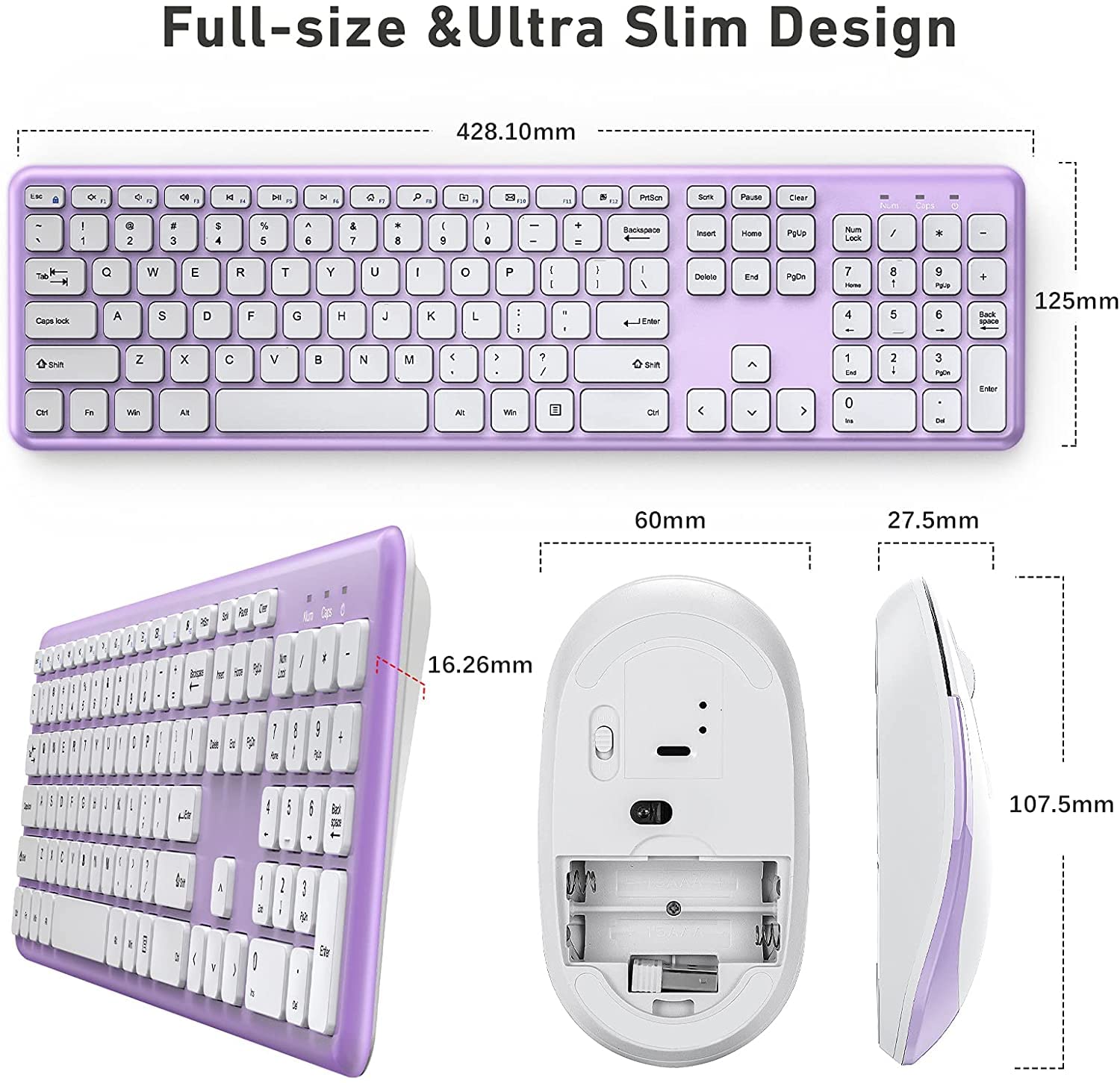 Wireless Keyboard Mouse Combo, Vssoplor 2.4G Ultra-Slim Cordless Keyboard and Mouse Set, Full Size Purple Wireless Keyboard for Windows, Laptop, PC, Computer, Notebook