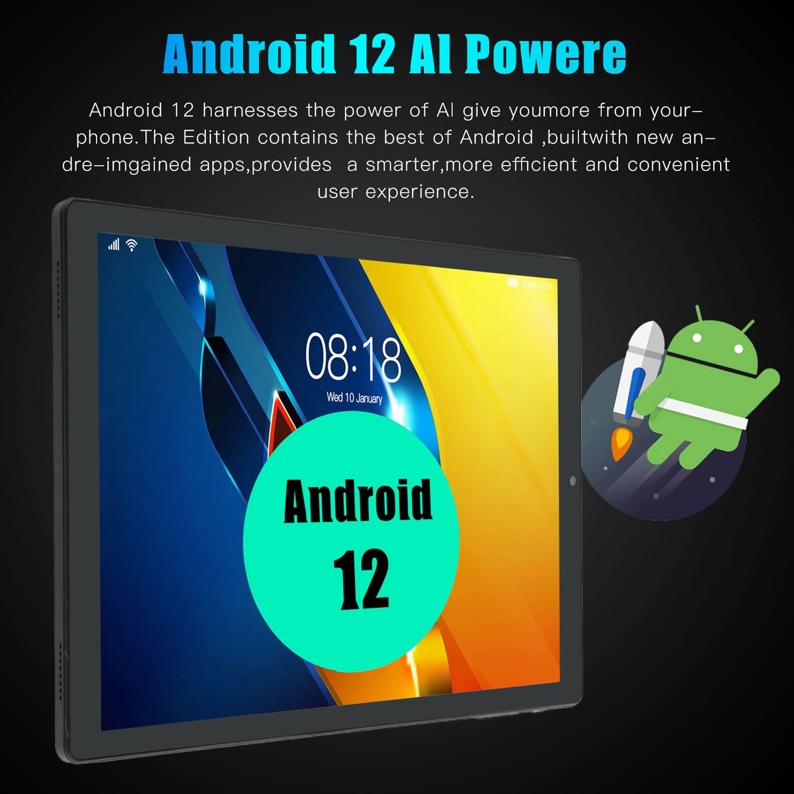 plplaaoo Android Tablet, 10.1 Inch Tablet MT6592 10 Core 5G WiFi for Android 12 6GB 128GB 200W 500W 1960x1080 8800mAh Black Callable Tablet 100‑240V, Supports Microsoft Office Software(US), androi