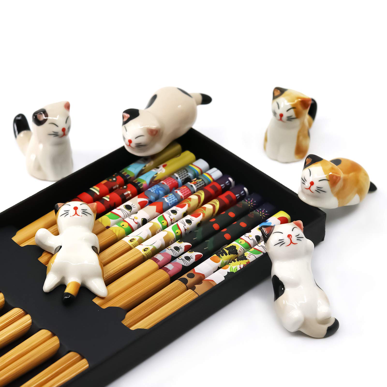 NaiHey 5 Pairs Chopsticks and Chopstick Rest Set, 6 Cute Lucky Cats Rest, Classic Japanese Style light and handy Reusable Natural Bamboo Dishwasher, Classic Gift Sets