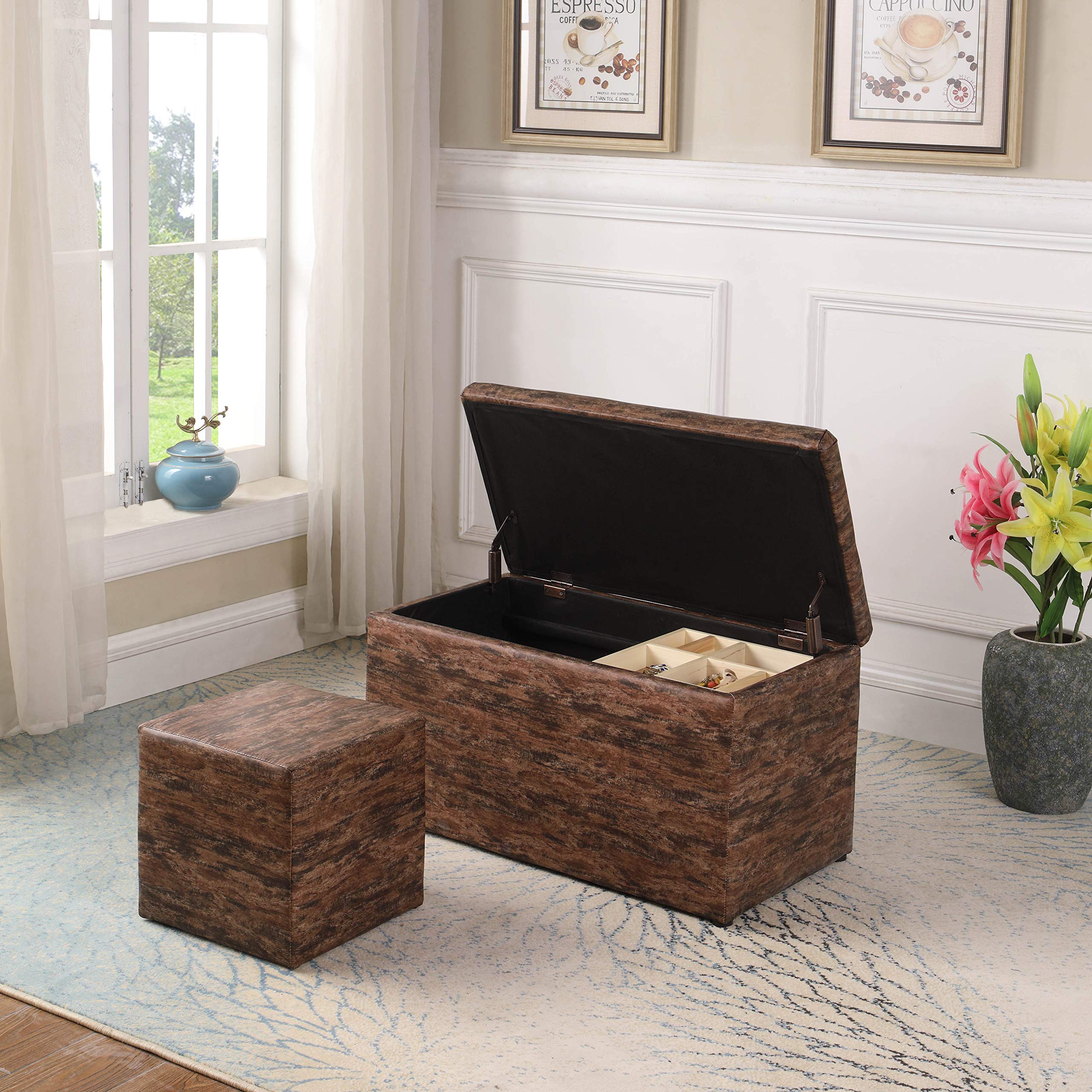 Ore International Inc. HB4794 18" Brown Multicolor Leatherette Marble Pattern Storage Ottoman Hidden Tray + 1 SEAT