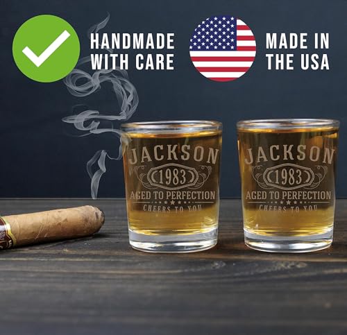 Personalized Etched 2.5oz Shot Glasses 2pk - Customized Birthday Gifts Men Women, Custom Engraved Name Age, Anniversary Retirement Gift Ideas Him Her, Cheers to Turning Years Old, 40th, Cute, Bernard