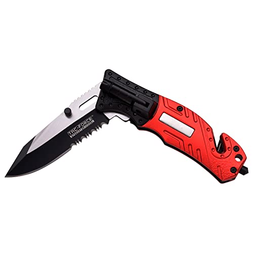 TAC Force TF-835FD Spring Assist Folding Knife, Two-Tone Half-Serrated Blade, Red/Black Firefighter Handle, 4.5-Inch Closed