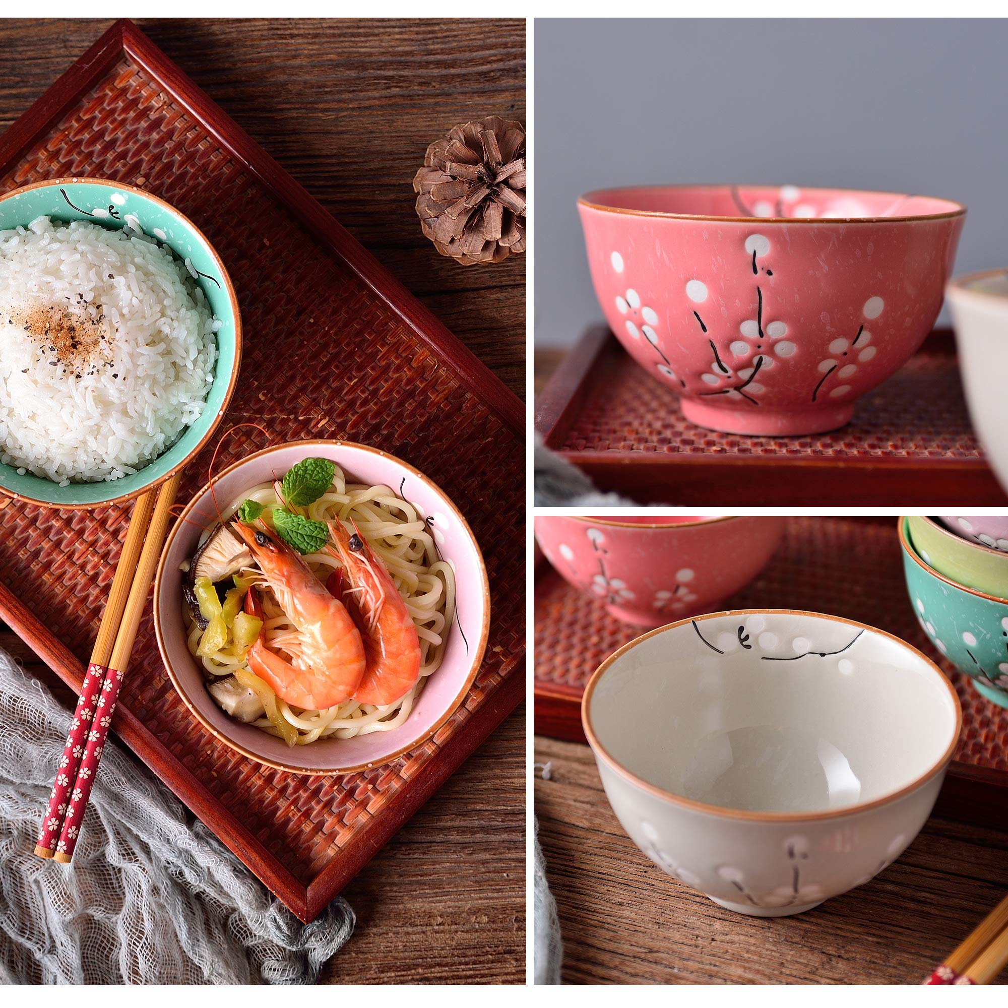 Panbado 5 Pcs Ceramic Bowls Set, 330ml Japanese Style Porcelain Bowls, 5 Colors Rice Bowl Set With White Cherry Blossom Pattern For Dessert Snack Cereal Soup