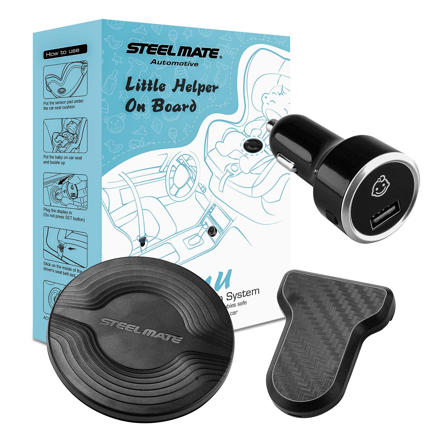 STEELMATE 1U Automotive Baby Car Seat Alarm System Reminder w/Extra Sensor Pad for Parents of 2 Babies
