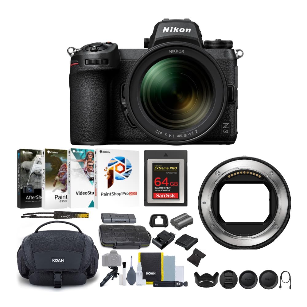 Nikon Z 6II FX-Format Mirrorless with 24-70 Lens, FTZ II Mount Adapter, 64CFX, Shoulder Bag, Software and Accessory Bundle (6 Items)