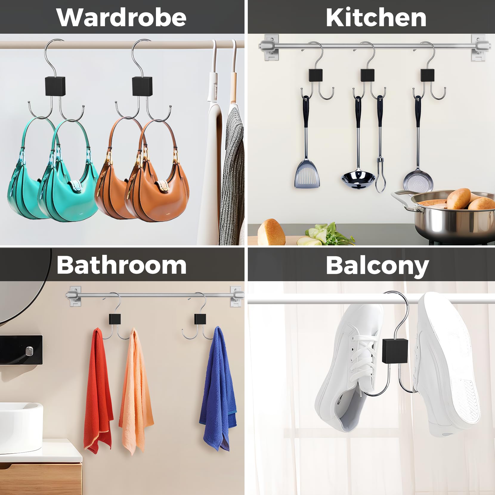 Purse Organizer for Closet, Purse Hanger 6 Pack 12 Purse Storage Hooks, 360° Rotatable Space Saving Closet Organizers and Storage for Purse, Handbag, Bag, Jeans, Belt, Scarf