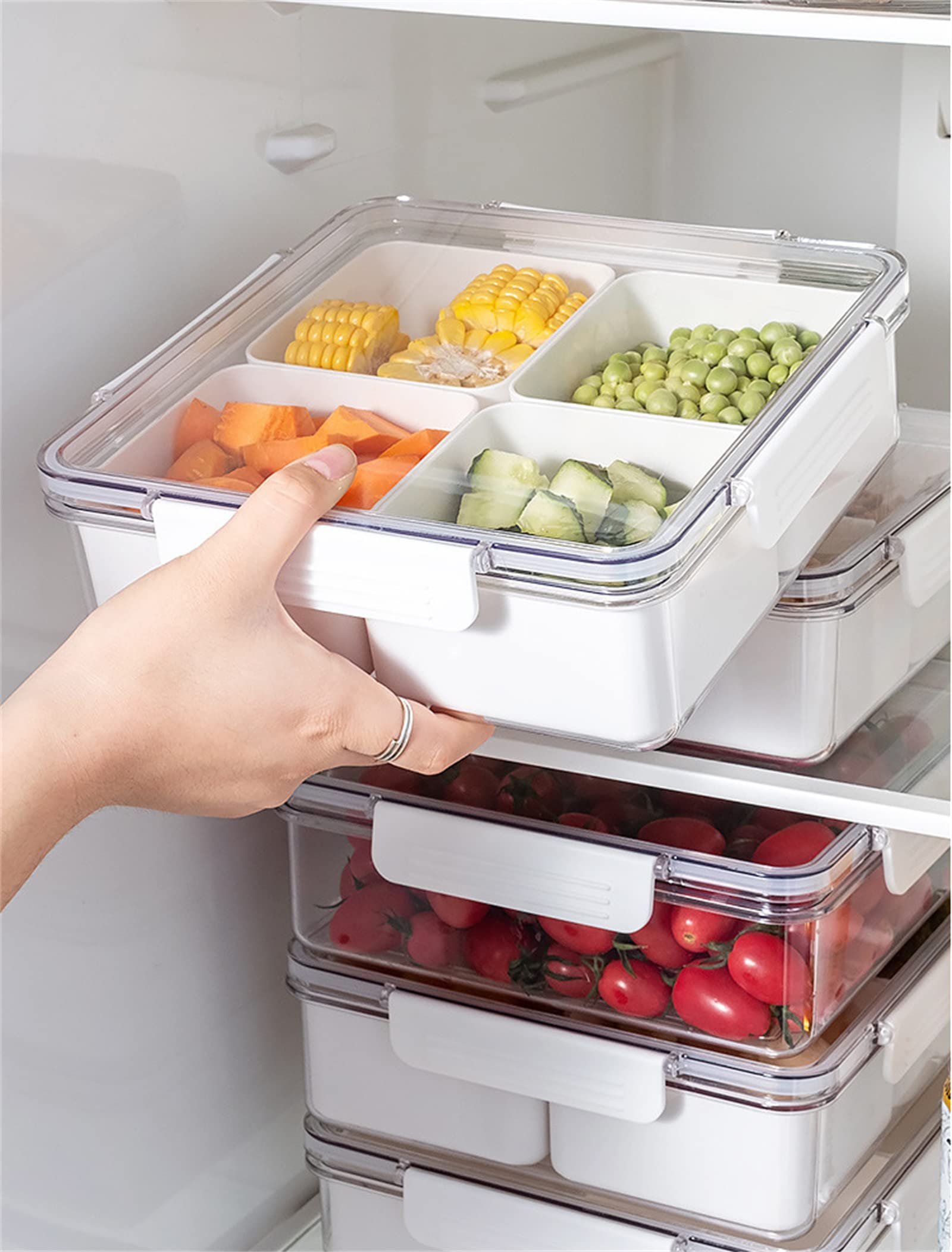 Qushy White Square Plastic Divided Serving Tray with Lid, 4 Compartments Snack Tray Serving Platter for Biscuits, Fruit, Veggie, Candies and Hot Pot