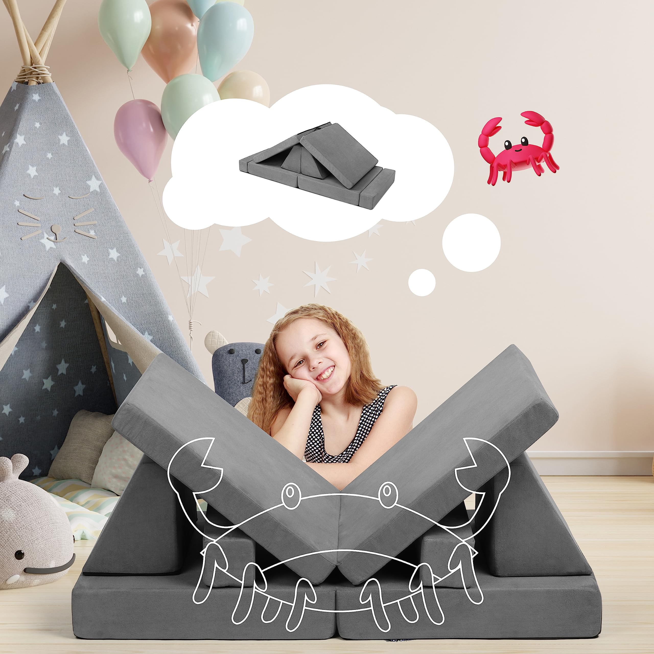 Xilingol Kids Play Couch, 8Pcs Convertible Sofa for Creativity & Imagination,Child Sectional Sofa, Foam Kids Modular Couch, 50”x28.5"x19", Grey