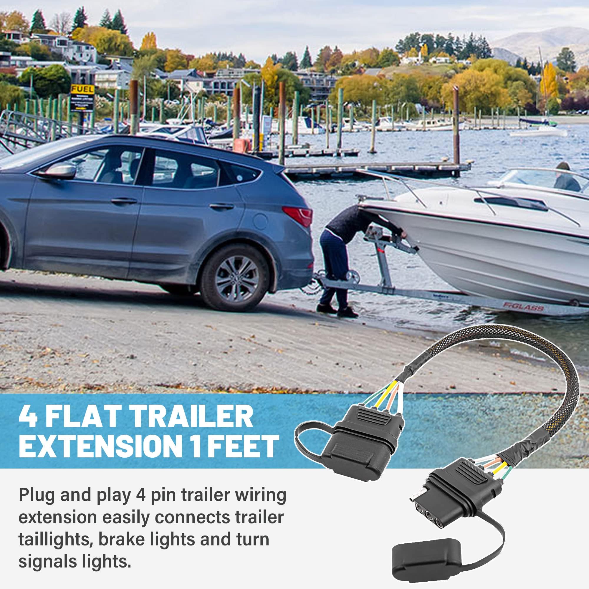 Oyviny 4 Pin Flat Trailer Extension 12 inch, Vehicle-Side and Trailer-Side 4 Way Connector with Rubber Dust Cover 16 AWG Pure Copper Wire Loom Tubing Protection, 4 Flat Trailer Wire Extension