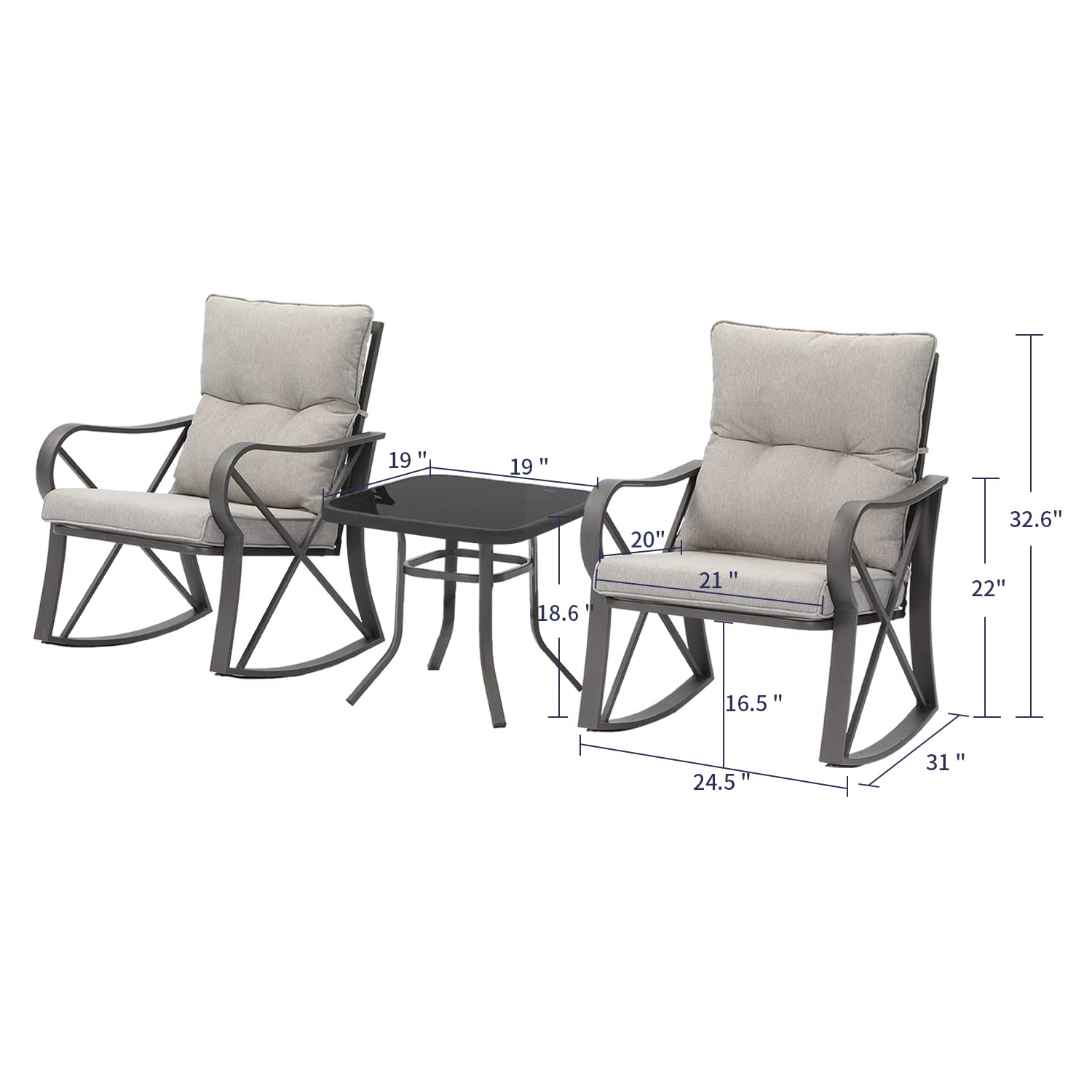 SUNBURY Outdoor Furniture 3-Piece Rocking Chair Set w Warm Gray Cushion, Tempered Glass Table - Elegant Patio Frame Bistro Chair for Backyard