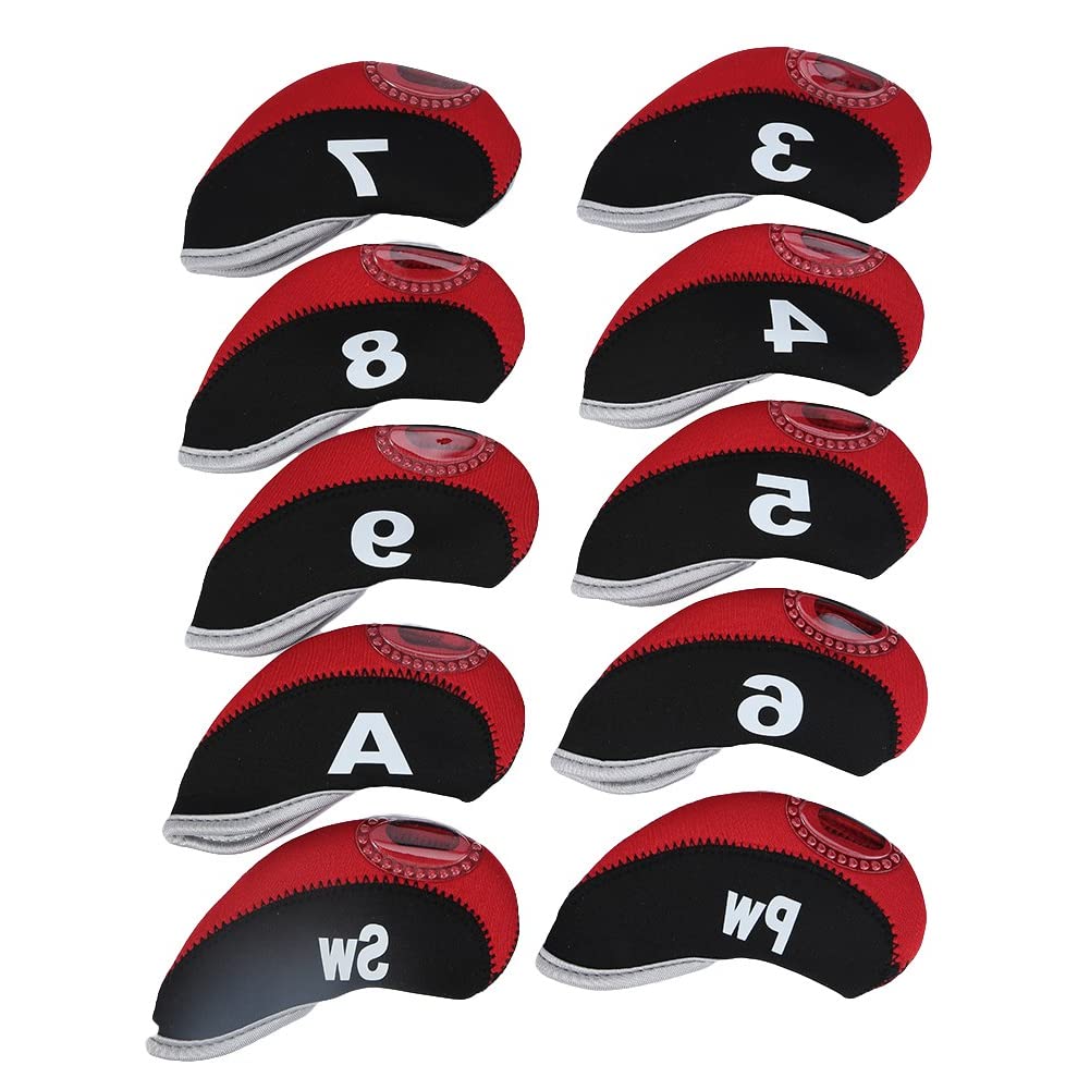 Putter Cover, Covers Iron Head Covers Driver Head Cover Clubs 10pcs Waterproof Machine Washable for Lovers(Black red + Number)