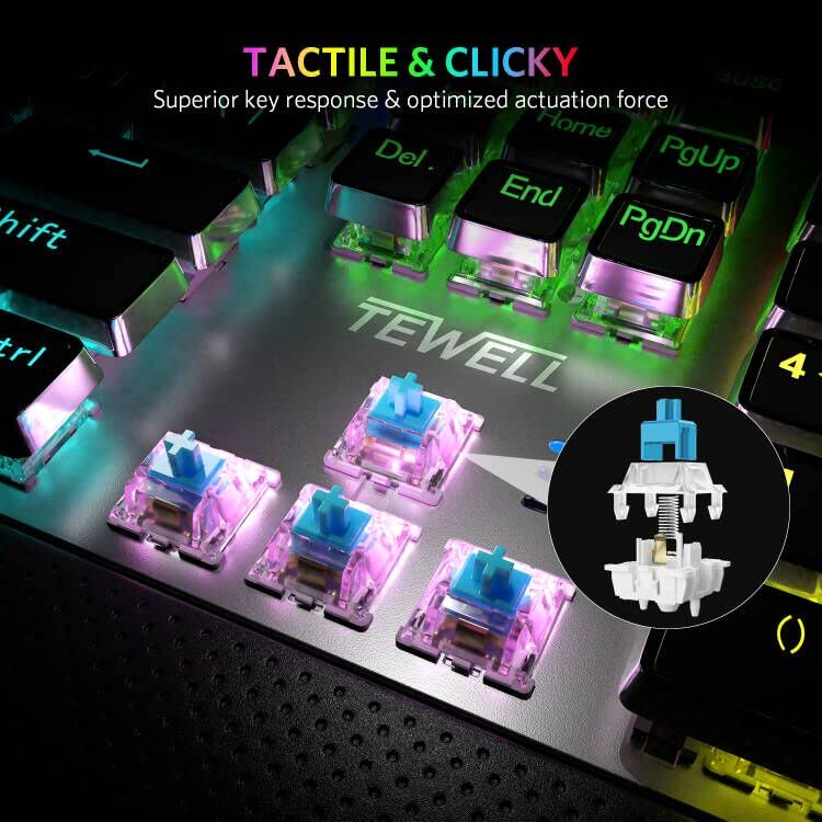 TEWELL Quick Responsible Blue Switches Mechanical Gaming Keyboard, Rainbow LED Rainbow Backlit Typewriter Keyboards with Removable Hand Rest, 104 Anti-ghosting Keys, for PC, Laptop, Computer