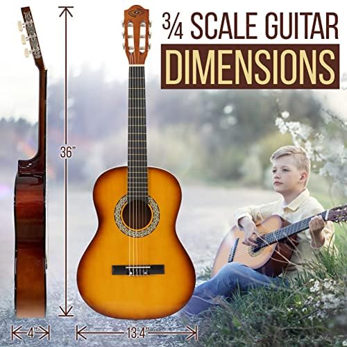 Pyle Classical Acoustic Guitar Kit, 3/4 Junior Size Instrument for Beginner Kids, Adults, 36" Cherry Burst