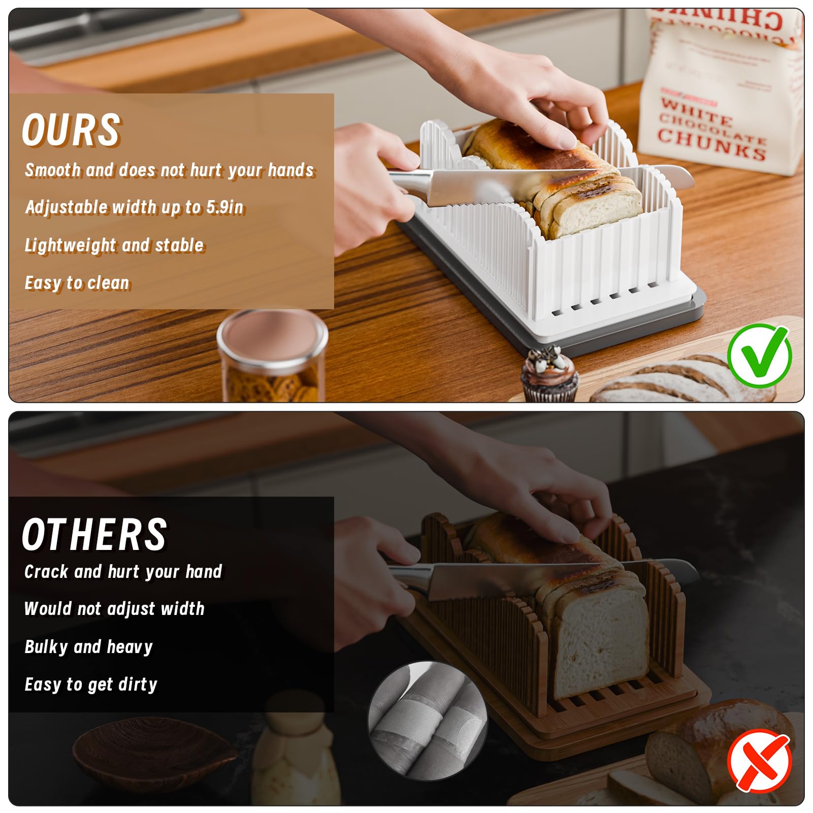 Upgrade Bread Slicer for Homemade Bread + Bread Bag, 3 Alternatives Slice Thickness Bread Slicing Cutting Guide with Crumb Tray, Adjustable Width Length Suitability for Homemade Bread, Sandwich, Cake