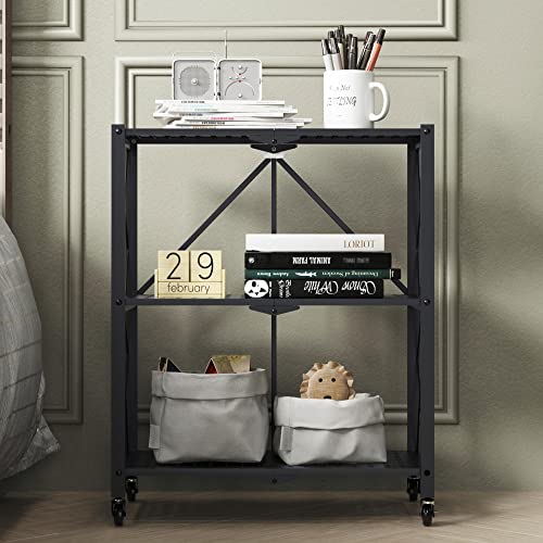 Wellynap 3-Tier Foldable Standing Shelf, Metal Rack Storage Shelving Units with Rolling Wheels, Moving Easily Organizer Shelves Great for Garage Kitchen, Black