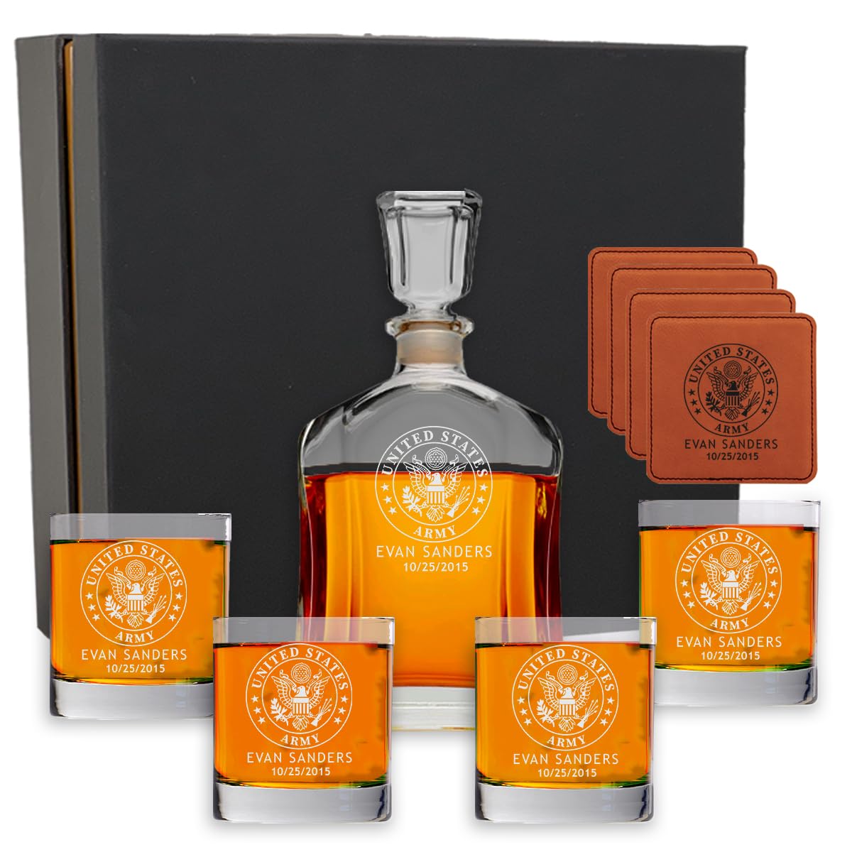 Personalized Military Whiskey Decanter Set - Custom Engraved Decanter & 4 Scotch Glasses - Army, Navy, Air Force, Coast Guard - Active Duty & Veterans