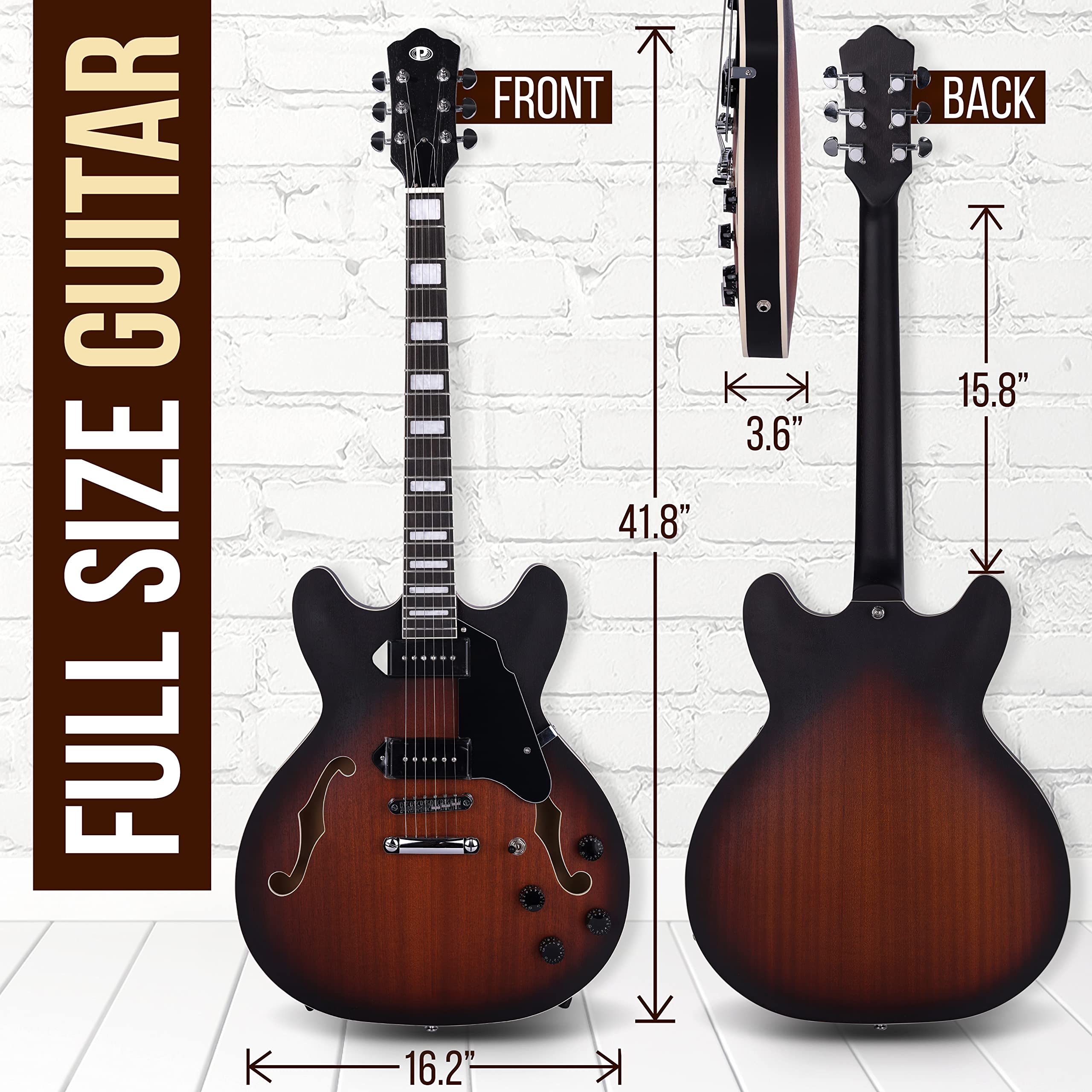 Pyle Semi Hollow Body Electric Guitar Set, 41.8β Full Size Jazz Instrument Kit w/ Gig Bag, Matte & Sunburst Finish
