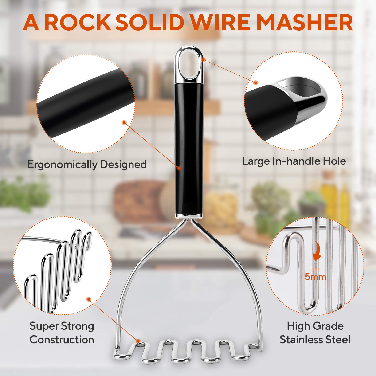 Potato Masher, Potato Masher Stainless Steel, Heavy Duty Mashed Potatoes Masher, Professional Metal Wire Masher Kitchen Tool for Bean, avocado, Vegetable-10.24 inch (Silver)