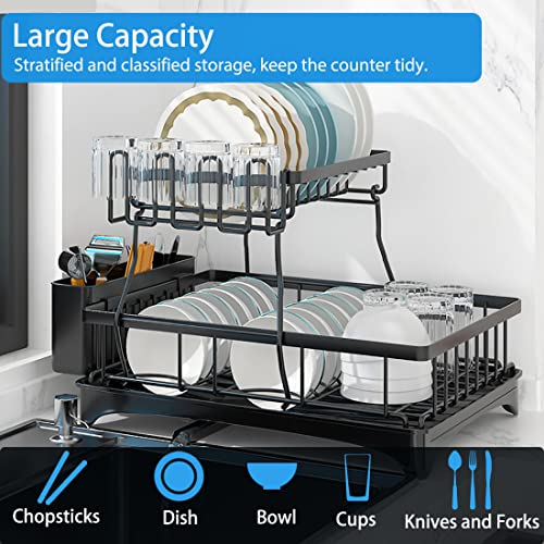 NIUXX Large Dishes Drying Rack Drainboard Set, 2 Tiers Stainless Steel Drainers Holder with Drainage Tray, Kitchen Counter Dish Dryer with Detachable Wine Glass Markcups Utensil Holder, Ideal Gift