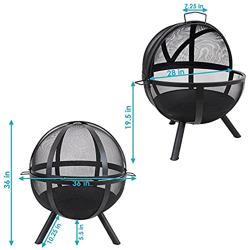 Sunnydaze Flaming Ball 30-Inch Wood-Burning Steel Fire Pit with Protective 200D PVC Cover and 16-Inch L Poker - Black