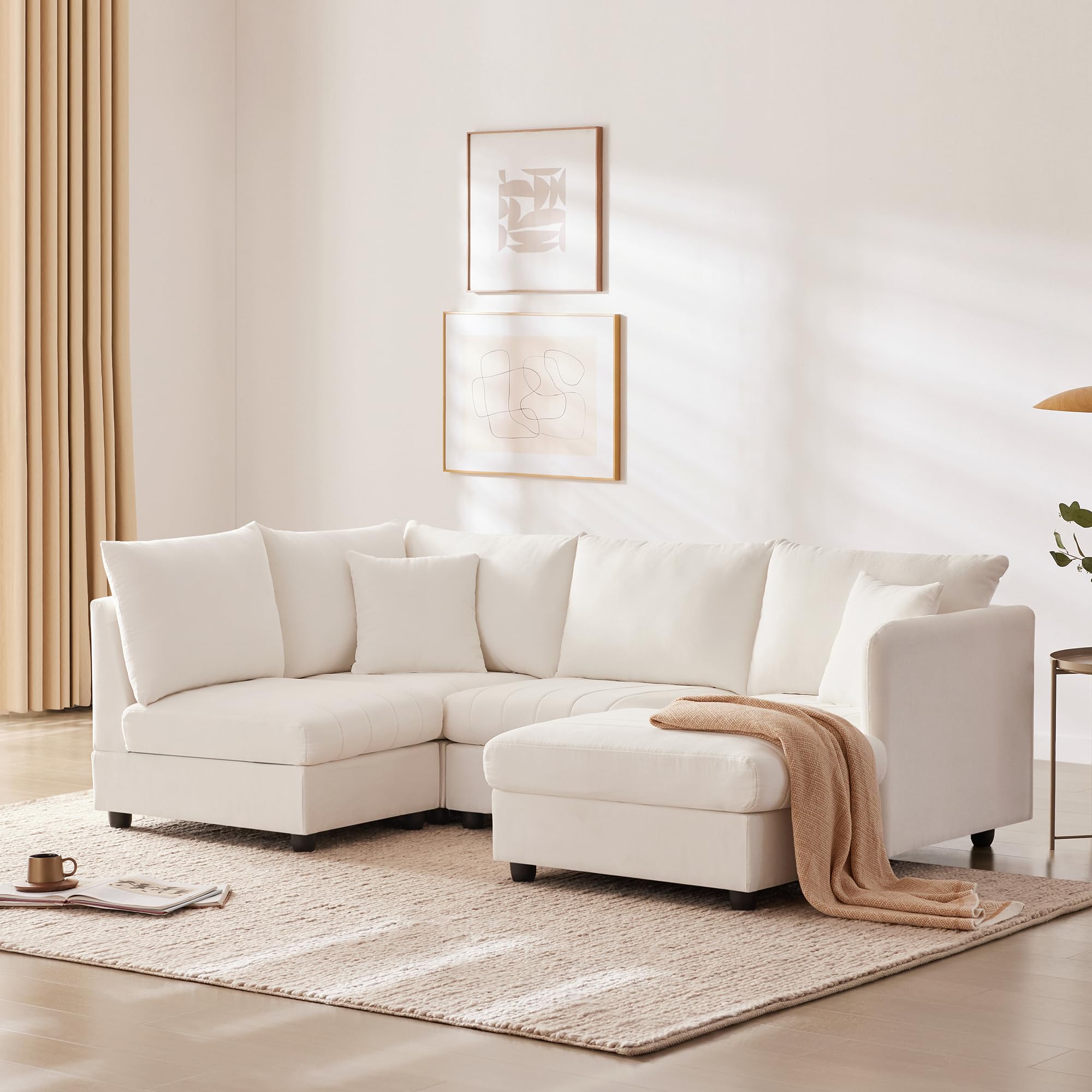 WIIS' IDEA Convertible Sectional Sofa Couch,2 Pillows,5-Seat Couch with Convertible Ottoman,Various Combinations,L-Shape Indoor Furniture for Living Room,Apartment,Office(White)