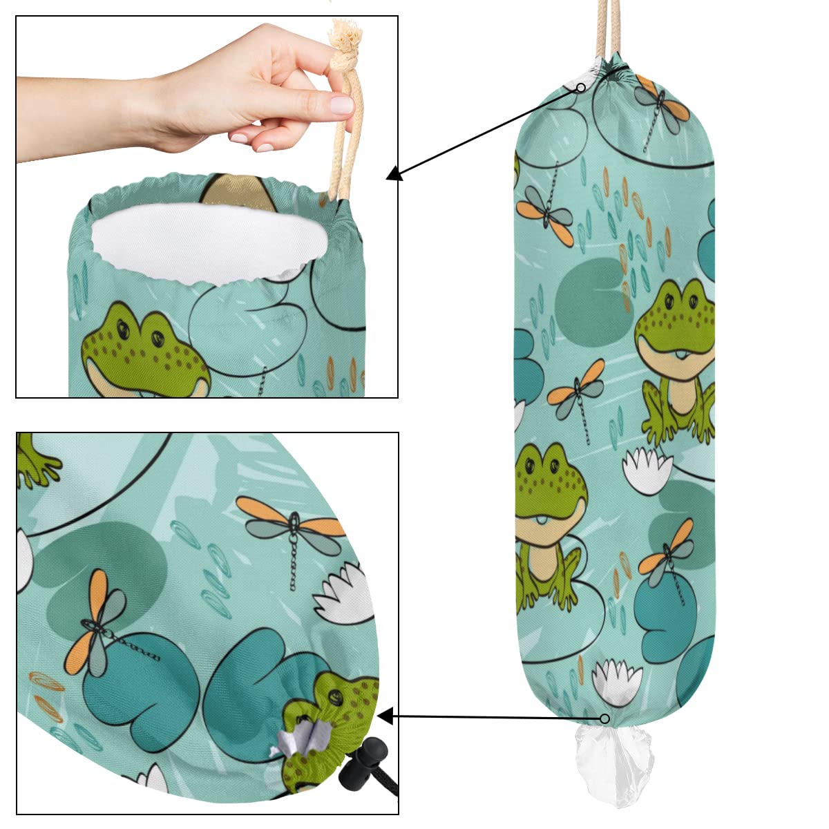 Plastic Bag Holder Cartoon Funny Frog Wall Mount Grocery Bag Organizer Holder Hanging Trash Bag Storage Dispenser for Home Kitchen Pantry Door Organization Decor