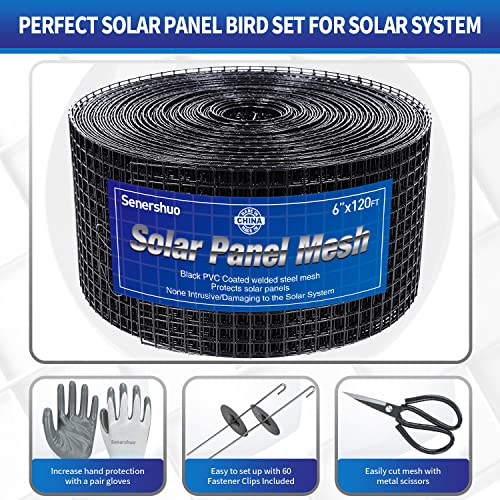 Senershuo 6in X 120ft Solar Panels Mesh for Bird.Solar Panels Bird proofing,Pest Barrie .60 Fastener Clips,Black PVC Coated Steel Solar Panel Fencing