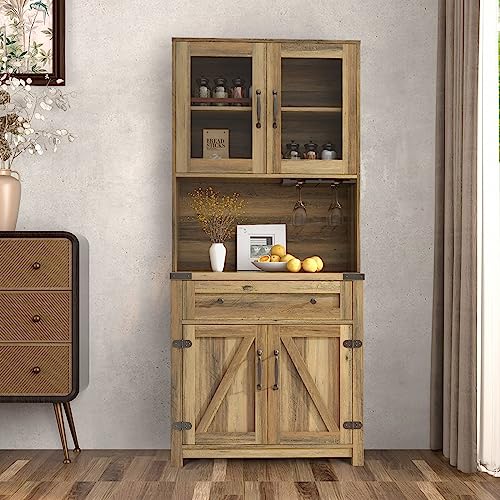 WESOME Farmhouse Bar Cabinet for Liquor and Glasses with Barn Door and Drawer, Liquor Cabinet Bar for Home/Kitchen/Dining Room, Yellow Walnut