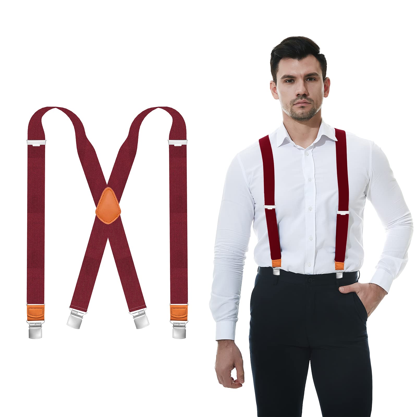 QCWQMYL Black Suspenders for Men Heavy Duty Clips Elastic Adjustable Straps Vintage X Back Leather Suspenders for Men Big and Tall