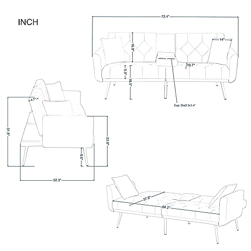 Verfur Button Tufted Convertible Futon Sofa Bed,Modern Velvet Upholstery Sleeper Couch Daybed with 2 Cup Holders and Square Armrests for Small Places Sofabed, Brown 72.4"