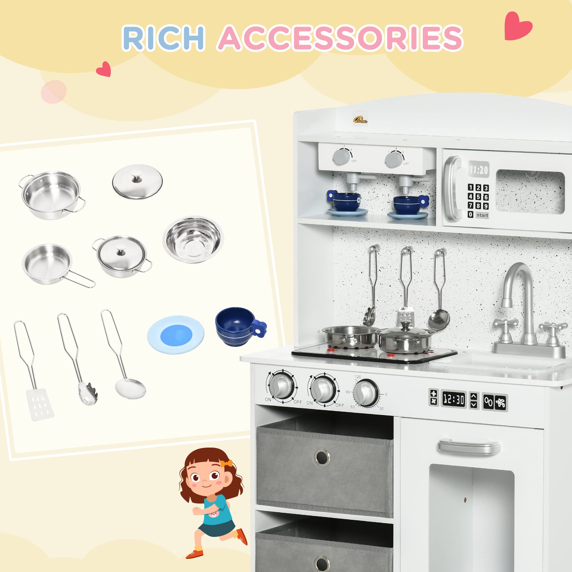 Qaba Wooden Play Kitchen with Easy Toy Organizer Bins, Latte Maker Pretend Play Kitchen Set with Stove Sound Effects, Preschool Imaginative Toy Playset